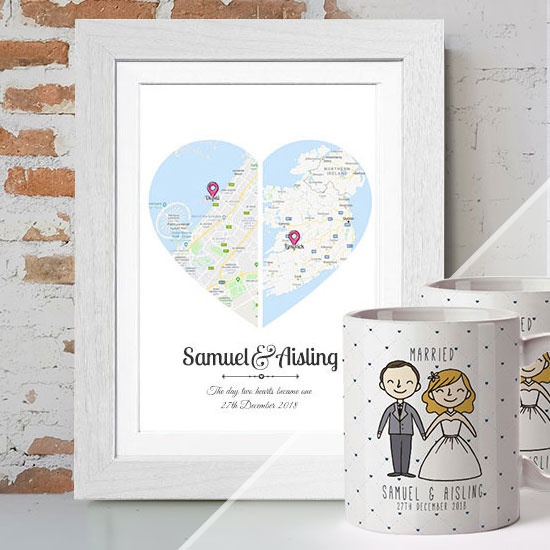 2 Hearts Map Wedding Gift Set 1 | Personalised Wedding Present